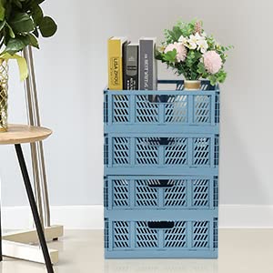 4 Pack Plastic Folding Storage Shelf Baskets, Stackable Collapsible Storage Crates, Storage Bin Container with Handle for Home Kitchen Bedroom Bathroom Office