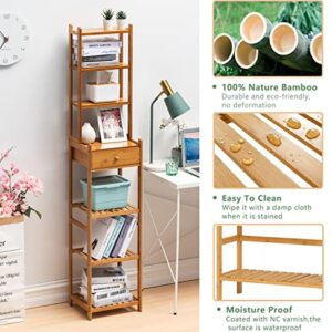 Yinanroa Bamboo Bathroom Storage Shelf 7-Tier Corner Bakers Rack Bathroom Storage Organizer Detachable Narrow Shelf Multifunction Storage Rack