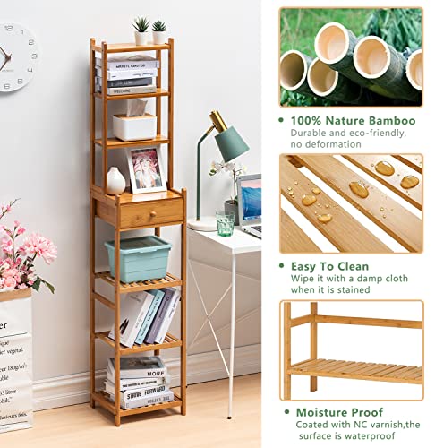 Yinanroa Bamboo Bathroom Storage Shelf 7-Tier Corner Bakers Rack Bathroom Storage Organizer Detachable Narrow Shelf Multifunction Storage Rack