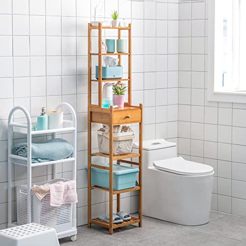 Yinanroa Bamboo Bathroom Storage Shelf 7-Tier Corner Bakers Rack Bathroom Storage Organizer Detachable Narrow Shelf Multifunction Storage Rack