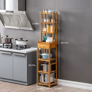 Yinanroa Bamboo Bathroom Storage Shelf 7-Tier Corner Bakers Rack Bathroom Storage Organizer Detachable Narrow Shelf Multifunction Storage Rack