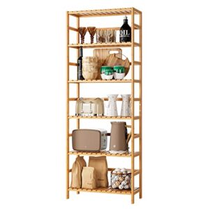 fotosok 6-tier bamboo shelf, bamboo bookcase with adjustable shelves, free standing storage shelf unit, plant flower stand for kitchen, bathroom, home office, natural