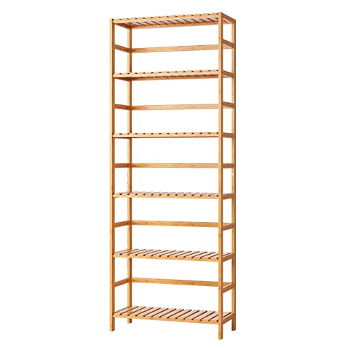 FOTOSOK 6-Tier Bamboo Shelf, Bamboo Bookcase with Adjustable Shelves, Free Standing Storage Shelf Unit, Plant Flower Stand for Kitchen, Bathroom, Home Office, Natural