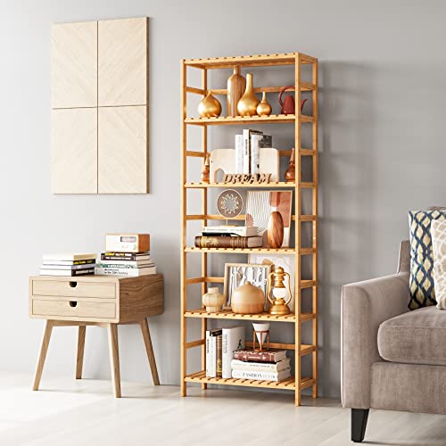 FOTOSOK 6-Tier Bamboo Shelf, Bamboo Bookcase with Adjustable Shelves, Free Standing Storage Shelf Unit, Plant Flower Stand for Kitchen, Bathroom, Home Office, Natural