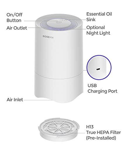 ROSEKM Small Air Purifier for Home Bedroom, Personal Desk Mini Air Purifier, Room Hepa Air Purifier Fresheners Cleaner for Pets, Smoke, Desktop, Office (White)