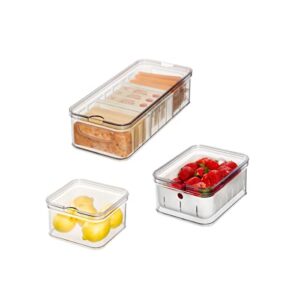 idesign the spruce 3-piece plastic refrigerator organizer bin set with lids, clear/white