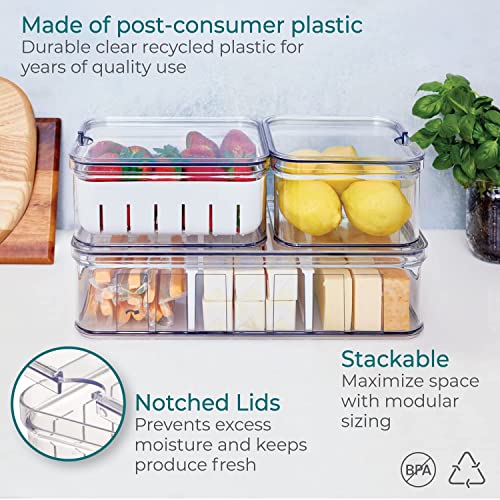 iDesign The Spruce 3-Piece Plastic Refrigerator Organizer Bin Set with Lids, Clear/White