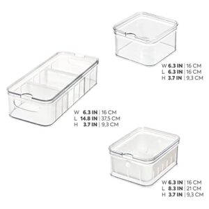 iDesign The Spruce 3-Piece Plastic Refrigerator Organizer Bin Set with Lids, Clear/White