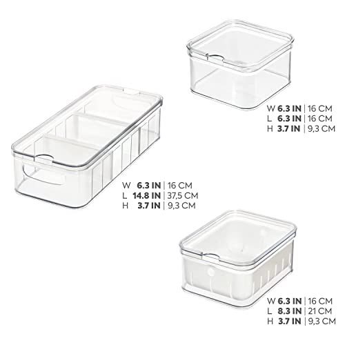 iDesign The Spruce 3-Piece Plastic Refrigerator Organizer Bin Set with Lids, Clear/White