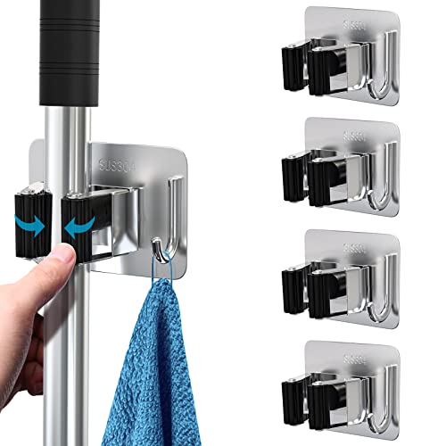 HOMEASY Mop Broom Holder No Drill SUS304 Stainless Steel, Mop Broom Organizer Wall Mounted Heavy Duty with Hooks Hanger, Self Adhesive Stainless Steel 4Pcs for Bathroom, Kitchen, Office