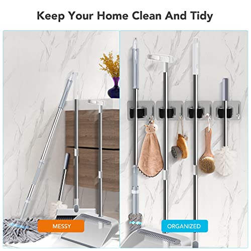 HOMEASY Mop Broom Holder No Drill SUS304 Stainless Steel, Mop Broom Organizer Wall Mounted Heavy Duty with Hooks Hanger, Self Adhesive Stainless Steel 4Pcs for Bathroom, Kitchen, Office