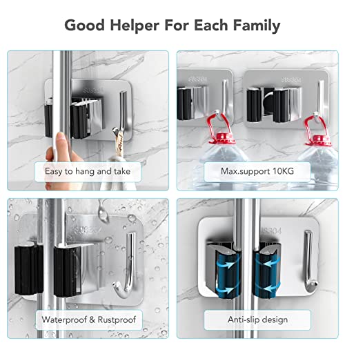 HOMEASY Mop Broom Holder No Drill SUS304 Stainless Steel, Mop Broom Organizer Wall Mounted Heavy Duty with Hooks Hanger, Self Adhesive Stainless Steel 4Pcs for Bathroom, Kitchen, Office