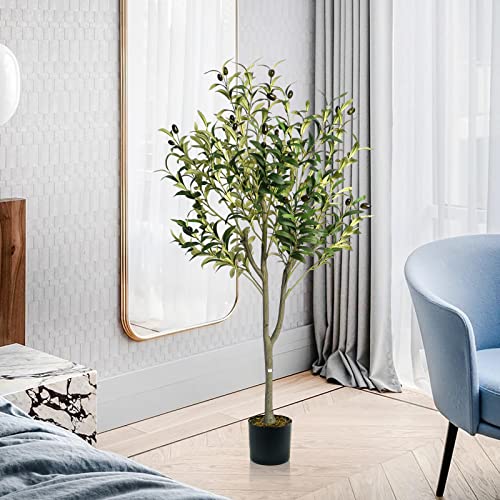 Olive Tree Artificial,4ft Faux Olive Tree, 48'' Fake Olive Tree with 576 Leaves Artificial Plant Indoor, Faux Olive Silk Tree in Pot, Artificial Olive Tree for Home Office Living Room Decor