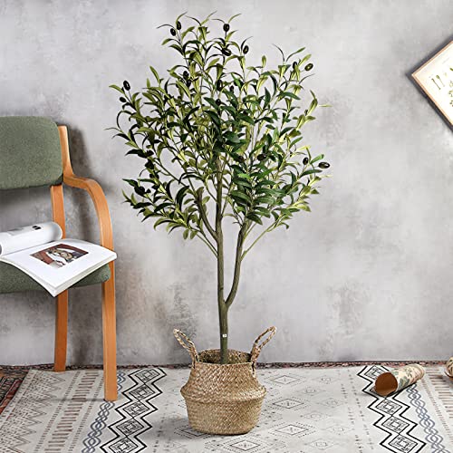 Olive Tree Artificial,4ft Faux Olive Tree, 48'' Fake Olive Tree with 576 Leaves Artificial Plant Indoor, Faux Olive Silk Tree in Pot, Artificial Olive Tree for Home Office Living Room Decor