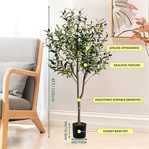 Olive Tree Artificial,4ft Faux Olive Tree, 48'' Fake Olive Tree with 576 Leaves Artificial Plant Indoor, Faux Olive Silk Tree in Pot, Artificial Olive Tree for Home Office Living Room Decor