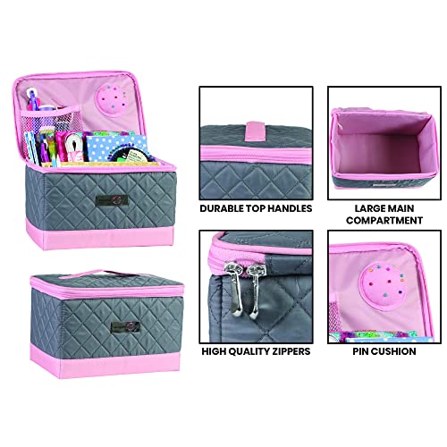 Everything Mary Collapsible Sewing Kit Organizer Box, Pink & Grey - Supplies Storage Basket for Supplies and Accessories - Organization for Thread, Needles, Notions & Scissors - Portable Craft Caddy