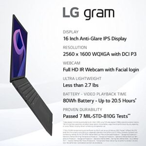 LG gram (2022) 16Z90Q Ultra Lightweight Laptop, 16" (2560 x 1600) IPS Display, Intel Evo 12th Gen i7 1260P Processor, 16GB LPDDR5, 1TB NVMe SSD, FHD Webcam, WiFi 6E, Thunderbolt 4, Windows 11, Black