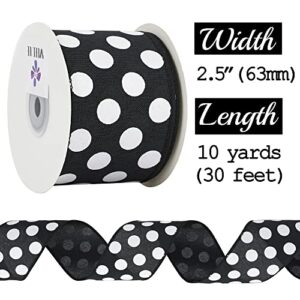 MEEDEE Black Ribbon with White Dots Black and White Polka Dot Ribbon 2.5 Inch Black Wired Ribbon for Black & White Welcome Front Door Burlap Wreath Pet Wreath Dog Wreath Ribbon Gift Basket, 10 Yards