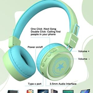 New bee Kids Bluetooth Headphones with Microphone Bluetooth 5.0 Wireless Kids Headphones with 32H Playtime/94dB Volume Limited On Ear Headphones for School/Girls/Boys/iPad/Fire Tablet(Matcha Green)