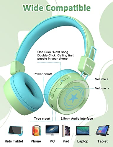 New bee Kids Bluetooth Headphones with Microphone Bluetooth 5.0 Wireless Kids Headphones with 32H Playtime/94dB Volume Limited On Ear Headphones for School/Girls/Boys/iPad/Fire Tablet(Matcha Green)