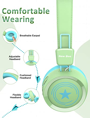 New bee Kids Bluetooth Headphones with Microphone Bluetooth 5.0 Wireless Kids Headphones with 32H Playtime/94dB Volume Limited On Ear Headphones for School/Girls/Boys/iPad/Fire Tablet(Matcha Green)