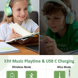 New bee Kids Bluetooth Headphones with Microphone Bluetooth 5.0 Wireless Kids Headphones with 32H Playtime/94dB Volume Limited On Ear Headphones for School/Girls/Boys/iPad/Fire Tablet(Matcha Green)