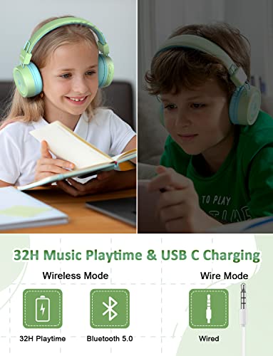 New bee Kids Bluetooth Headphones with Microphone Bluetooth 5.0 Wireless Kids Headphones with 32H Playtime/94dB Volume Limited On Ear Headphones for School/Girls/Boys/iPad/Fire Tablet(Matcha Green)