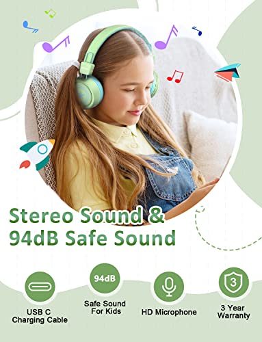 New bee Kids Bluetooth Headphones with Microphone Bluetooth 5.0 Wireless Kids Headphones with 32H Playtime/94dB Volume Limited On Ear Headphones for School/Girls/Boys/iPad/Fire Tablet(Matcha Green)