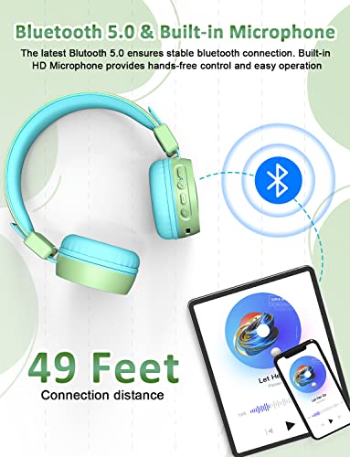 New bee Kids Bluetooth Headphones with Microphone Bluetooth 5.0 Wireless Kids Headphones with 32H Playtime/94dB Volume Limited On Ear Headphones for School/Girls/Boys/iPad/Fire Tablet(Matcha Green)