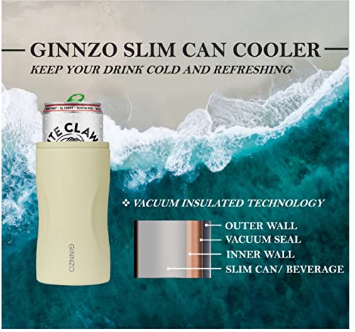 Ginnzo Slim Can Cooler - Double Walled Stainless Steel CanKoozie | 12 Oz Insulated Drink Holder for Tall Skinny Hard Seltzer/Beer/Soda/Energy Drinks (Sunlight)