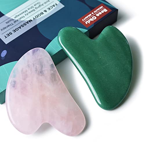 2PCS Gua Sha Massage Tool, Guasha Board for Face & Body, Natural Jade Stone Gua Sha Facial Tool, Face Massager for Traditional Acupuncture Therapy, Daily Anti-Aging Health (Green + Rose Quartz)