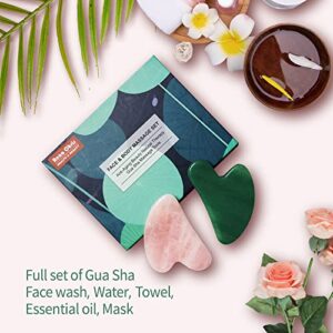 2PCS Gua Sha Massage Tool, Guasha Board for Face & Body, Natural Jade Stone Gua Sha Facial Tool, Face Massager for Traditional Acupuncture Therapy, Daily Anti-Aging Health (Green + Rose Quartz)