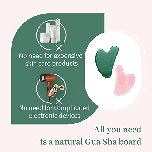 2PCS Gua Sha Massage Tool, Guasha Board for Face & Body, Natural Jade Stone Gua Sha Facial Tool, Face Massager for Traditional Acupuncture Therapy, Daily Anti-Aging Health (Green + Rose Quartz)