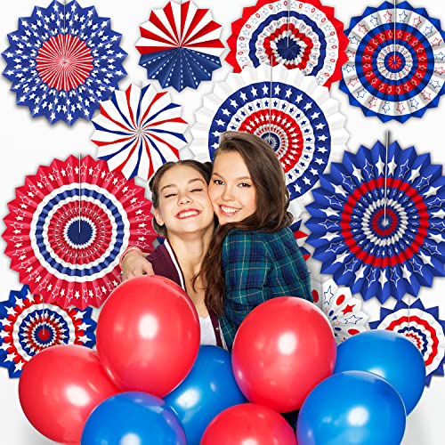 4th of July Decorations, Independence Day Party Supplies, 12 Pcs Patriotic Day Paper Fans, Red White and Blue Hanging Decorations for Memorial Day, Fouth of July Celebration Decorations for Americans