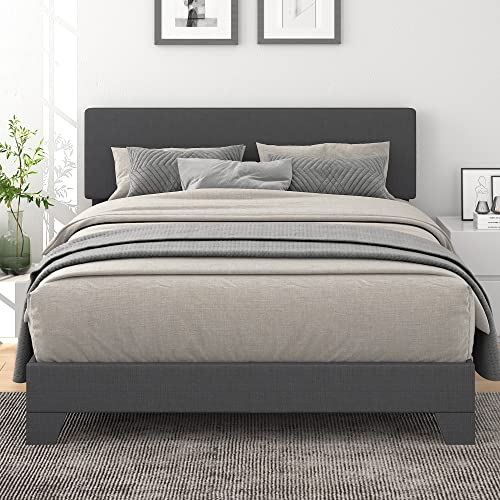 Allewie Queen Size Bed Frame with Adjustable Headboard, Upholstered Platform Bed with Sturdy Wood Slat Support, No Box Spring Needed, Easy Assembly, Dark Grey