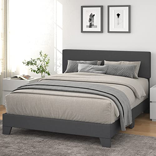 Allewie Queen Size Bed Frame with Adjustable Headboard, Upholstered Platform Bed with Sturdy Wood Slat Support, No Box Spring Needed, Easy Assembly, Dark Grey