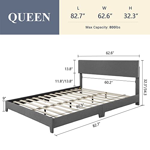 Allewie Queen Size Bed Frame with Adjustable Headboard, Upholstered Platform Bed with Sturdy Wood Slat Support, No Box Spring Needed, Easy Assembly, Dark Grey