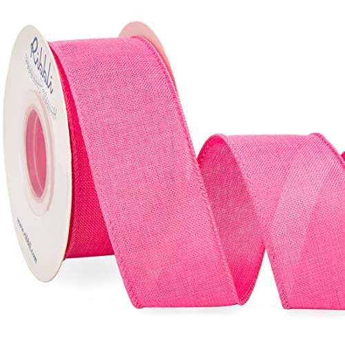 Ribbli Pink Linen Wired Ribbon,1-1/2 Inch x Continuous 10 Yard, Pink Burlap Wired Ribbon Easter Ribbon for Wreaths, Big Bow Crafts,Gift Wrapping,Christmas Tree Decoration