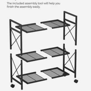 SONGMICS 3-Tier Metal Storage Rack with Wheels, Mesh Shelving Unit with X Side Frames, 23.6-Inch Width, for Entryway, Kitchen, Living Room, Bathroom, Industrial Style, Black UBSC163B01