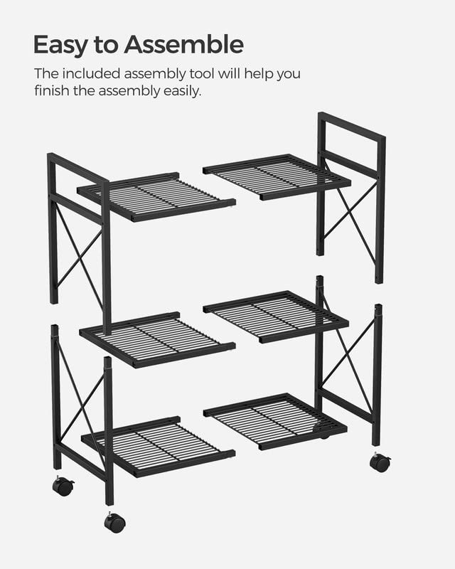 SONGMICS 3-Tier Metal Storage Rack with Wheels, Mesh Shelving Unit with X Side Frames, 23.6-Inch Width, for Entryway, Kitchen, Living Room, Bathroom, Industrial Style, Black UBSC163B01