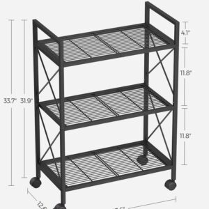 SONGMICS 3-Tier Metal Storage Rack with Wheels, Mesh Shelving Unit with X Side Frames, 23.6-Inch Width, for Entryway, Kitchen, Living Room, Bathroom, Industrial Style, Black UBSC163B01