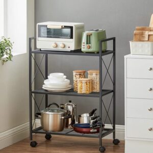 SONGMICS 3-Tier Metal Storage Rack with Wheels, Mesh Shelving Unit with X Side Frames, 23.6-Inch Width, for Entryway, Kitchen, Living Room, Bathroom, Industrial Style, Black UBSC163B01