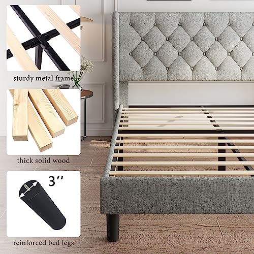 iPormis Queen Bed Frame Upholstered Wingback Platform Bed Frame with Diamond Button Tufted Headboard, 8" Under-Bed Space, Sturdy Wooden Slats, Noise-Free, No Box Spring Needed, Light Gray