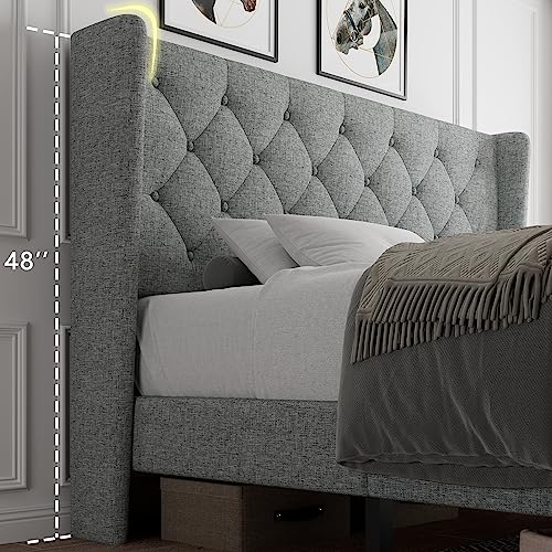 iPormis Queen Bed Frame Upholstered Wingback Platform Bed Frame with Diamond Button Tufted Headboard, 8" Under-Bed Space, Sturdy Wooden Slats, Noise-Free, No Box Spring Needed, Light Gray