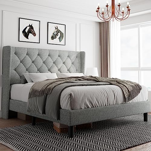 iPormis Queen Bed Frame Upholstered Wingback Platform Bed Frame with Diamond Button Tufted Headboard, 8" Under-Bed Space, Sturdy Wooden Slats, Noise-Free, No Box Spring Needed, Light Gray