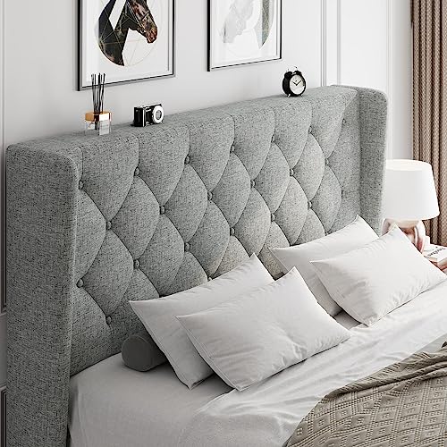 iPormis Queen Bed Frame Upholstered Wingback Platform Bed Frame with Diamond Button Tufted Headboard, 8" Under-Bed Space, Sturdy Wooden Slats, Noise-Free, No Box Spring Needed, Light Gray