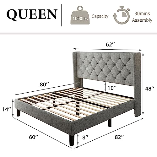 iPormis Queen Bed Frame Upholstered Wingback Platform Bed Frame with Diamond Button Tufted Headboard, 8" Under-Bed Space, Sturdy Wooden Slats, Noise-Free, No Box Spring Needed, Light Gray