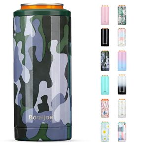 boraijoe skinny can cooler for slim beer and hard seltzer,standard 12oz sleeve,double-walled stainless steel vacuum insulated slim cans - camo