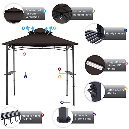 OUTDOOR WIND Grill Gazebo 8x5 BBQ Gazebo Canopy with LED Light,Brown