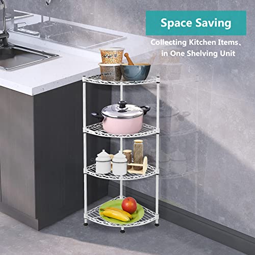 4 Tier Corner Wire Shelving Unit, Adjustable Wire Rack Shelving, Metal Wire Storage Shelves for Kitchen, Pantry, Laundry, Bathroom, Closet (12.6" D x 12.6" W x 32" H, White)